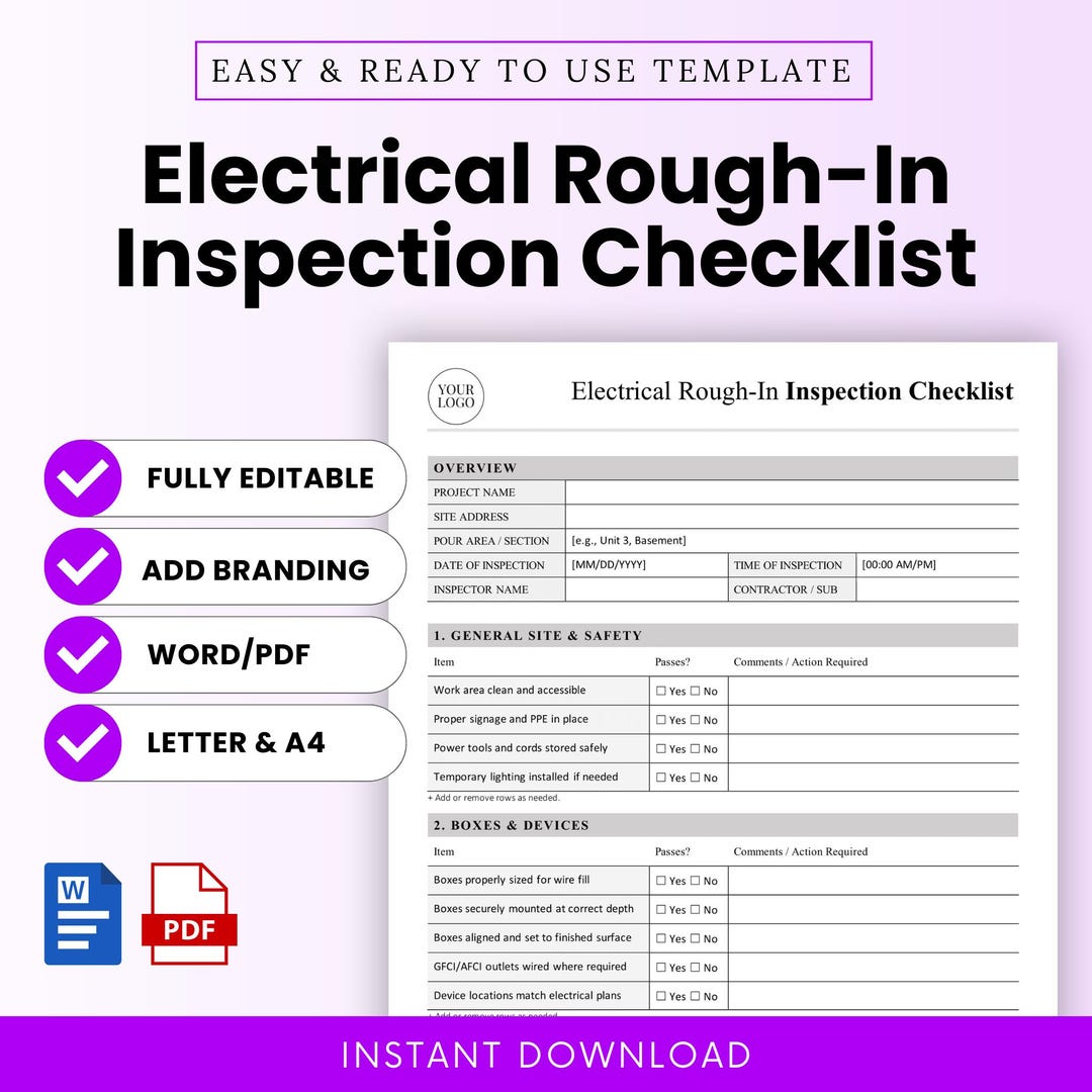 Electrical Rough-in Inspection Checklist Template – Word & PDF, A4 + US ...