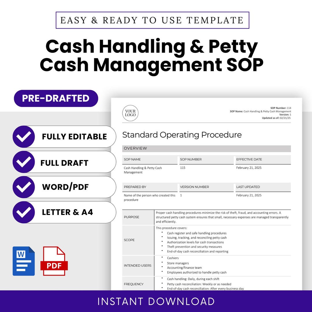 Cash Handling, Petty Cash Management SOP Template (word, PDF) | Simple ...
