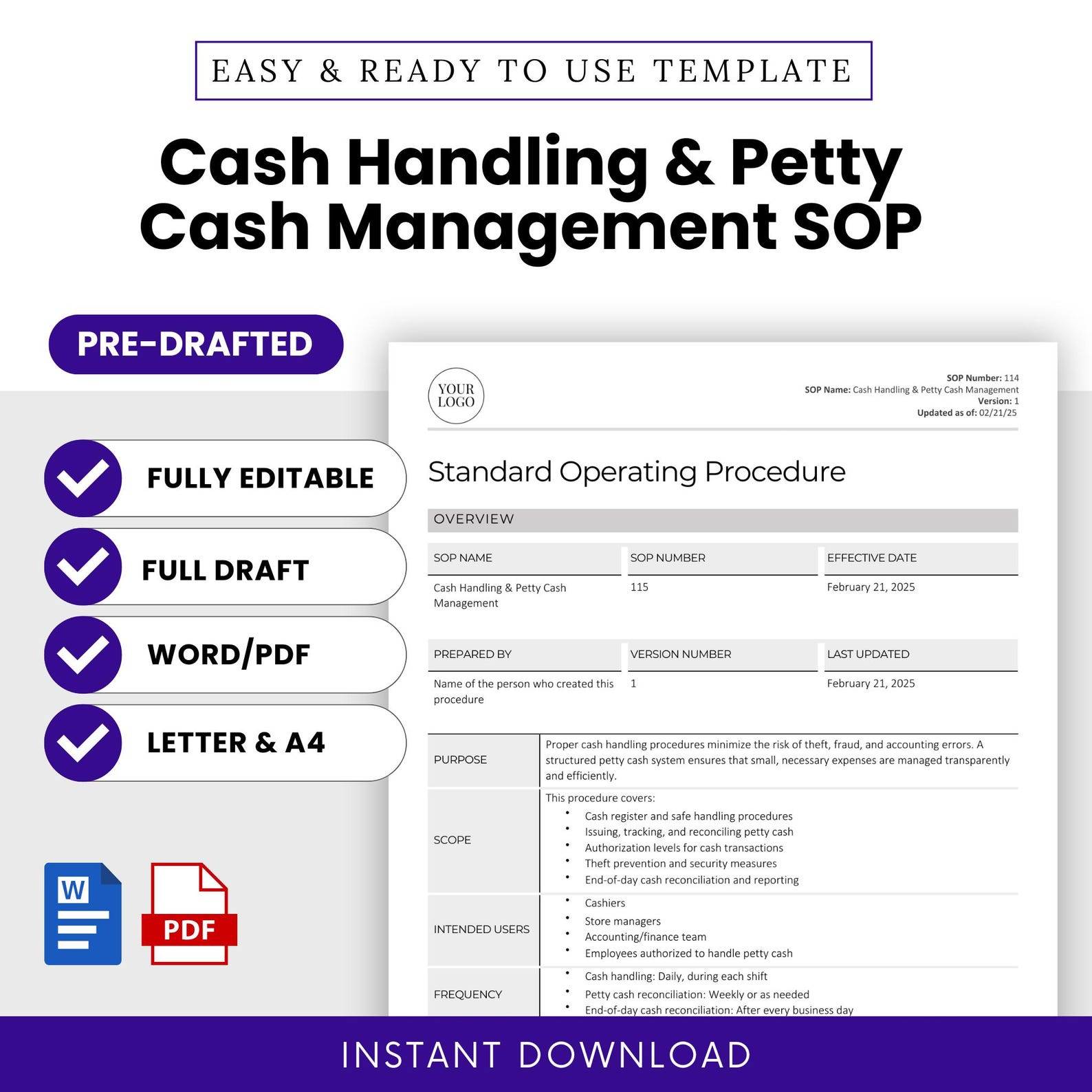 Cash Handling, Petty Cash Management SOP Template (Word, PDF) | Simple ...