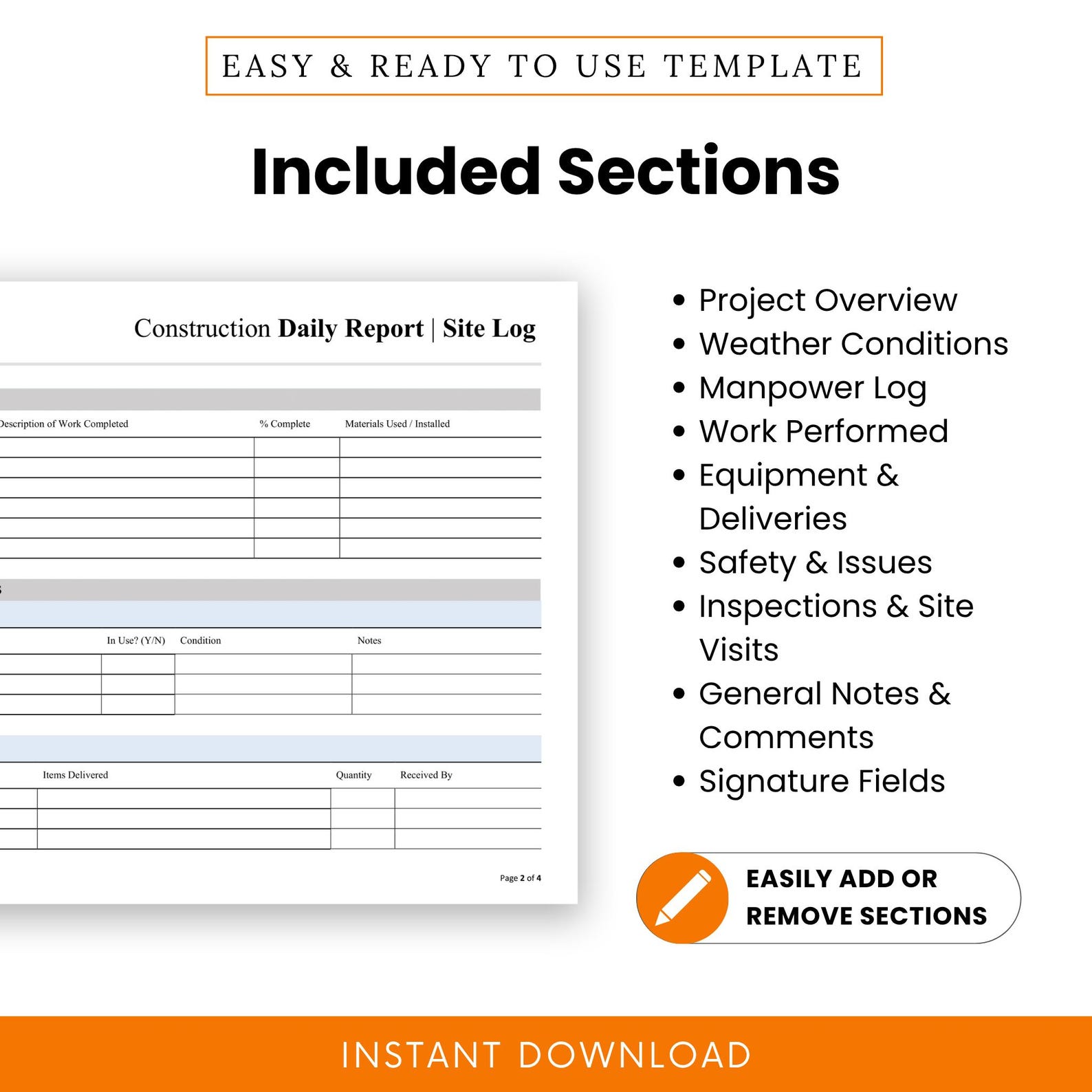 Construction Daily Report / Site Log Template – Word & PDF, A4 + US ...