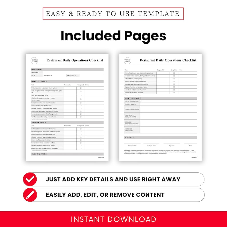 Restaurant Daily Operations Checklist Template – Word & PDF, A4 + US ...