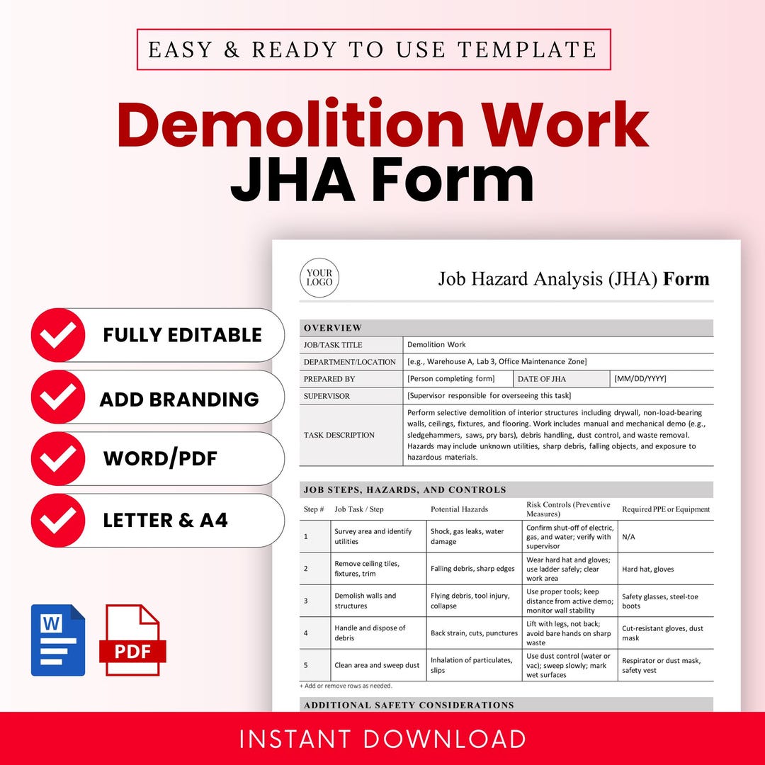 Demolition Work Job Hazard Analysis (JHA) Form Template – Word & PDF ...