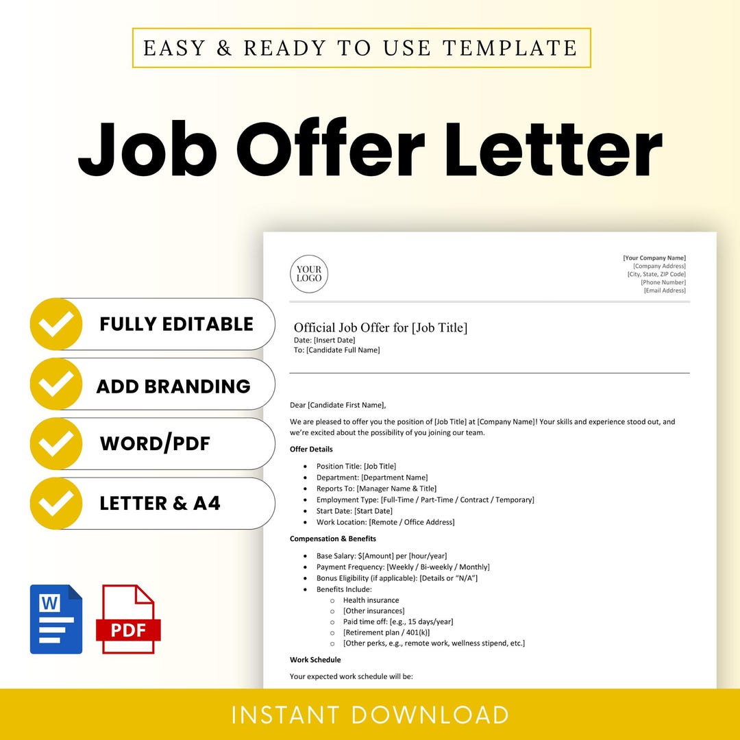 Job Offer Letter (MS Word, PDF) | Job Offer Template, Editable Offer ...