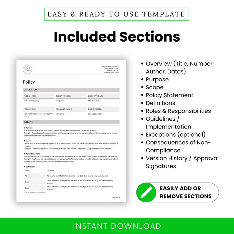 Simple Policy Template (word, PDF) | Simple Workplace Policy Template ...