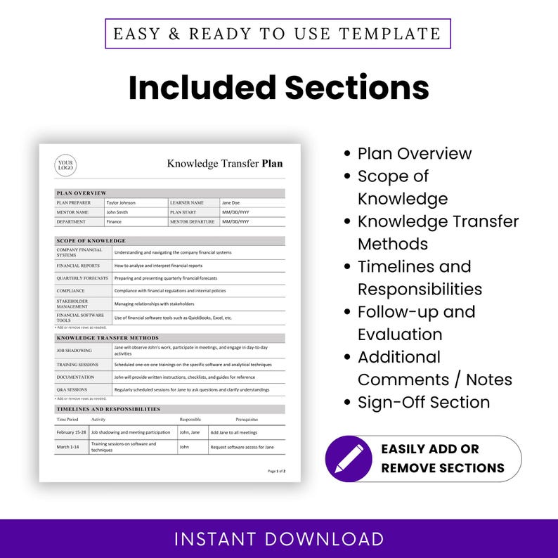 Knowledge Transfer Plan Template (word, PDF) | Simple Employee ...
