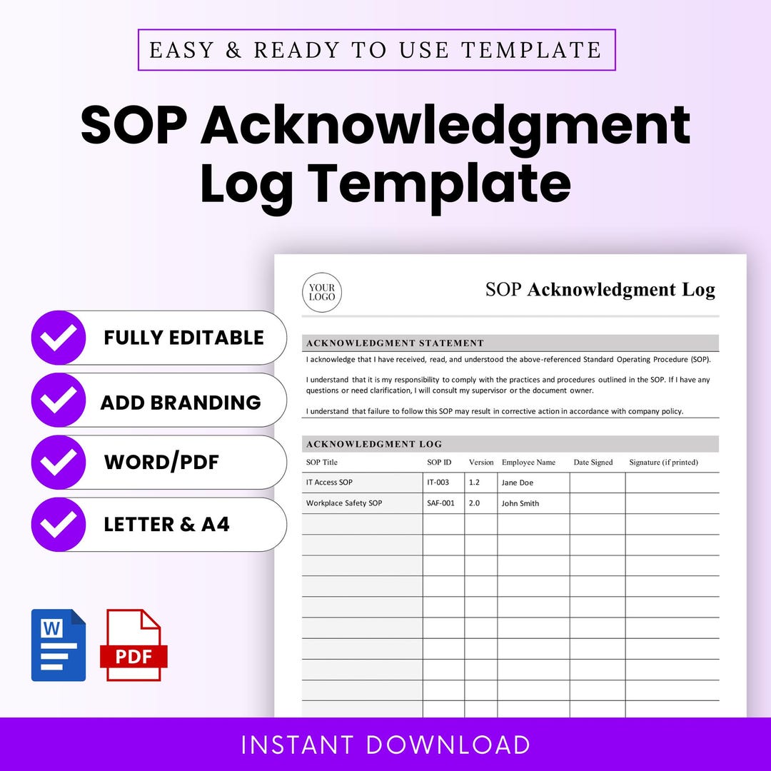 SOP Acknowledgment Log Template – Word & PDF, A4 + US Letter - Etsy