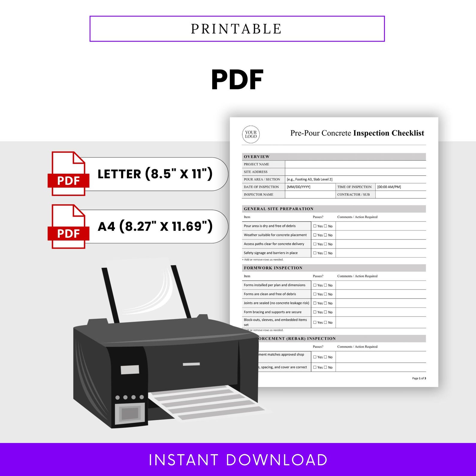 Pre-pour Concrete Inspection Checklist Template – Word & PDF, A4 + US ...