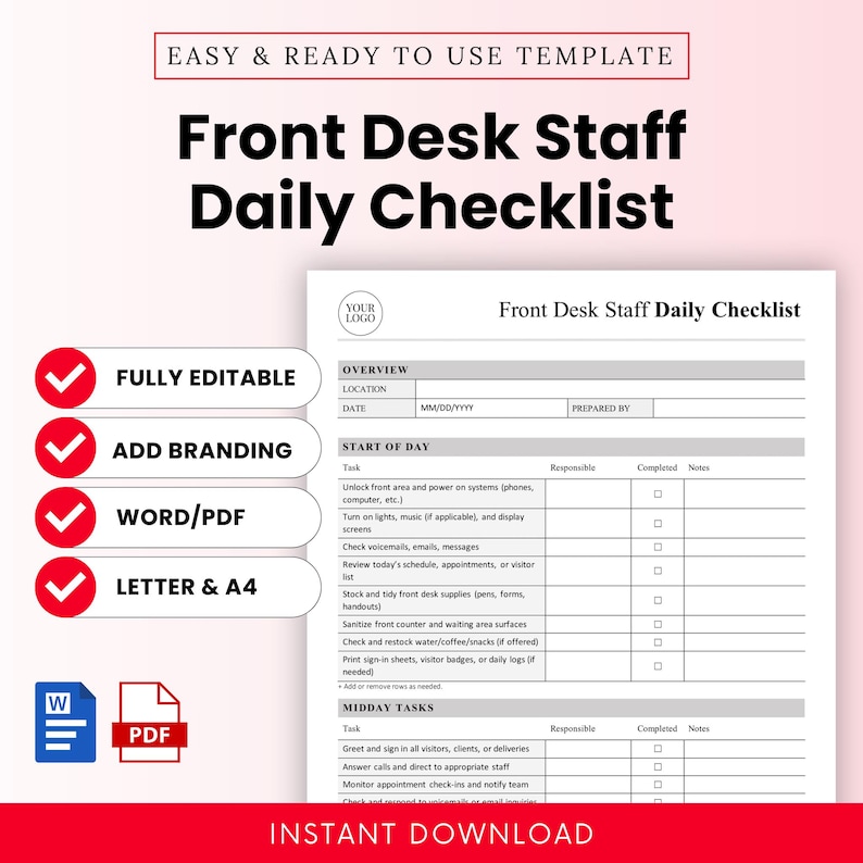 Front Desk Staff Daily Checklist Template – Word & PDF, A4 + US Letter ...