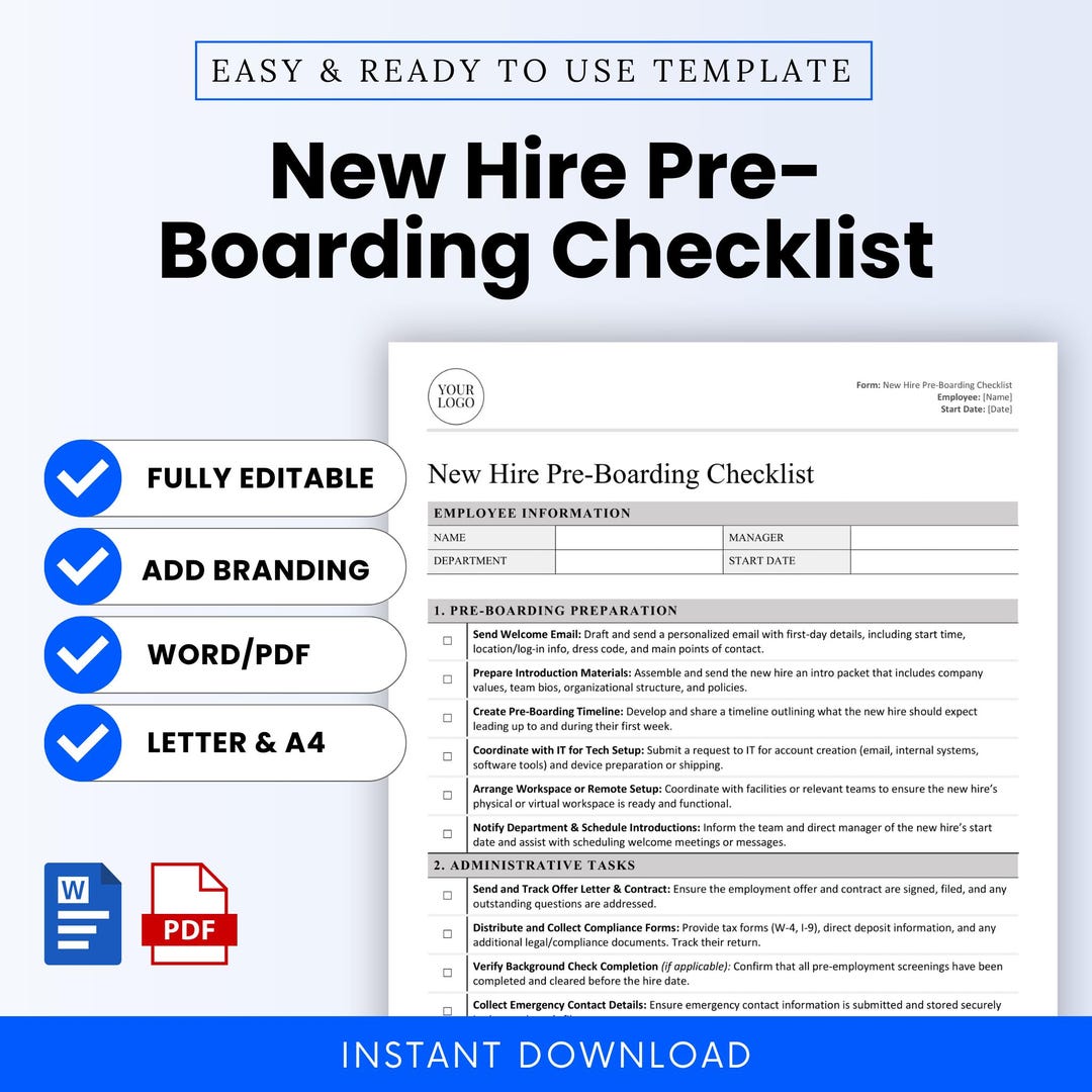 New Hire Pre-boarding Checklist (MS Word, PDF) | Simple HR Template ...