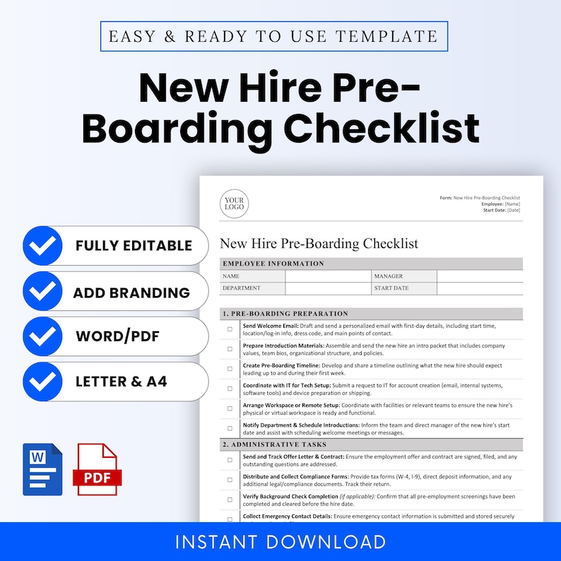 New Hire Pre-boarding Checklist (MS Word, PDF) | Simple HR Template ...