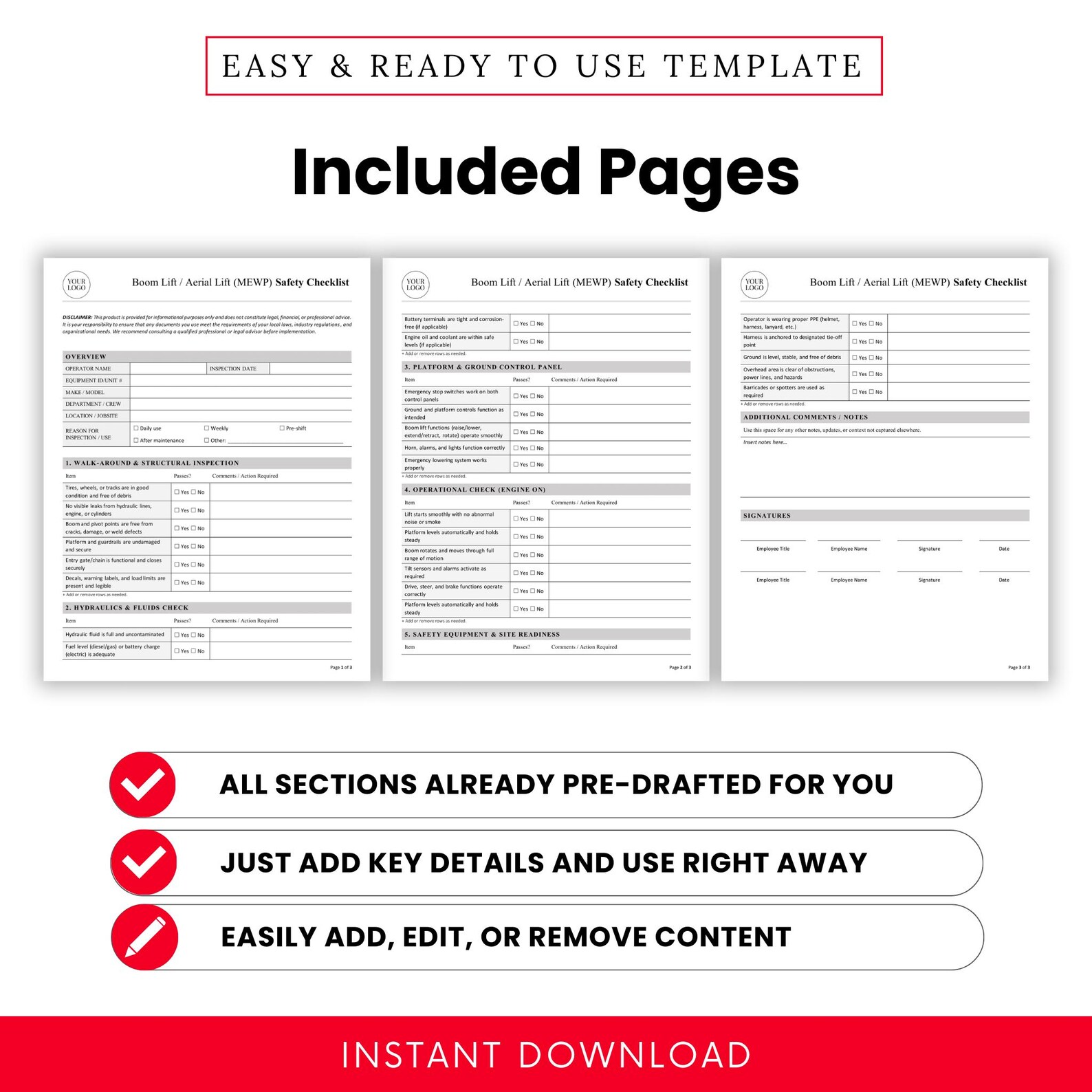 Boom Lift / Aerial Lift (MEWP) Safety Checklist Template – Word & PDF ...