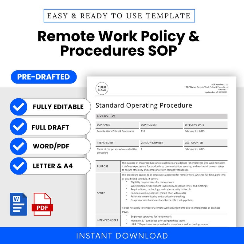 Remote Work Policy & Procedures SOP Template (word, PDF) | Simple ...
