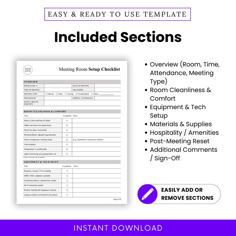 Meeting Room Setup Checklist Template – Word & PDF, A4 + US Letter - Etsy