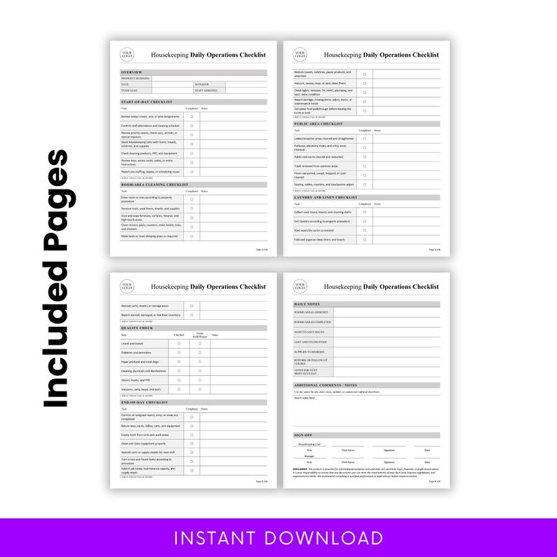 Housekeeping Daily Operations Checklist Template – Word & PDF, A4 + US ...
