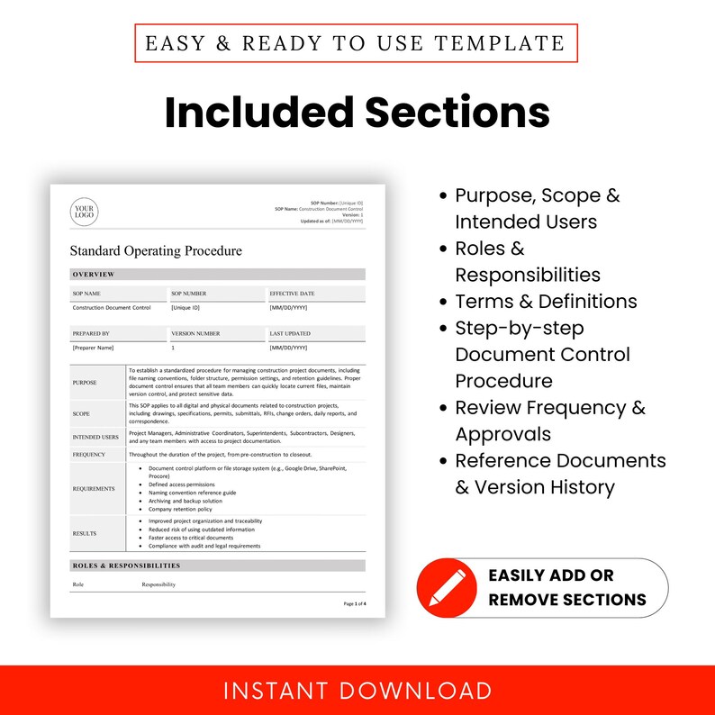 Construction Document Control SOP Template – Word & PDF, A4 + US Letter ...