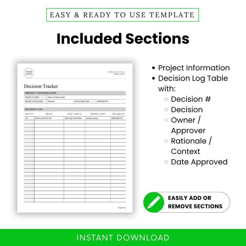 Simple Decision Tracker Template (word, PDF) | Project Decision Log ...
