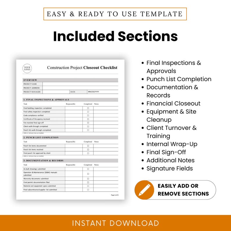 Construction Project Closeout Checklist Template – Word & PDF, A4 + US ...