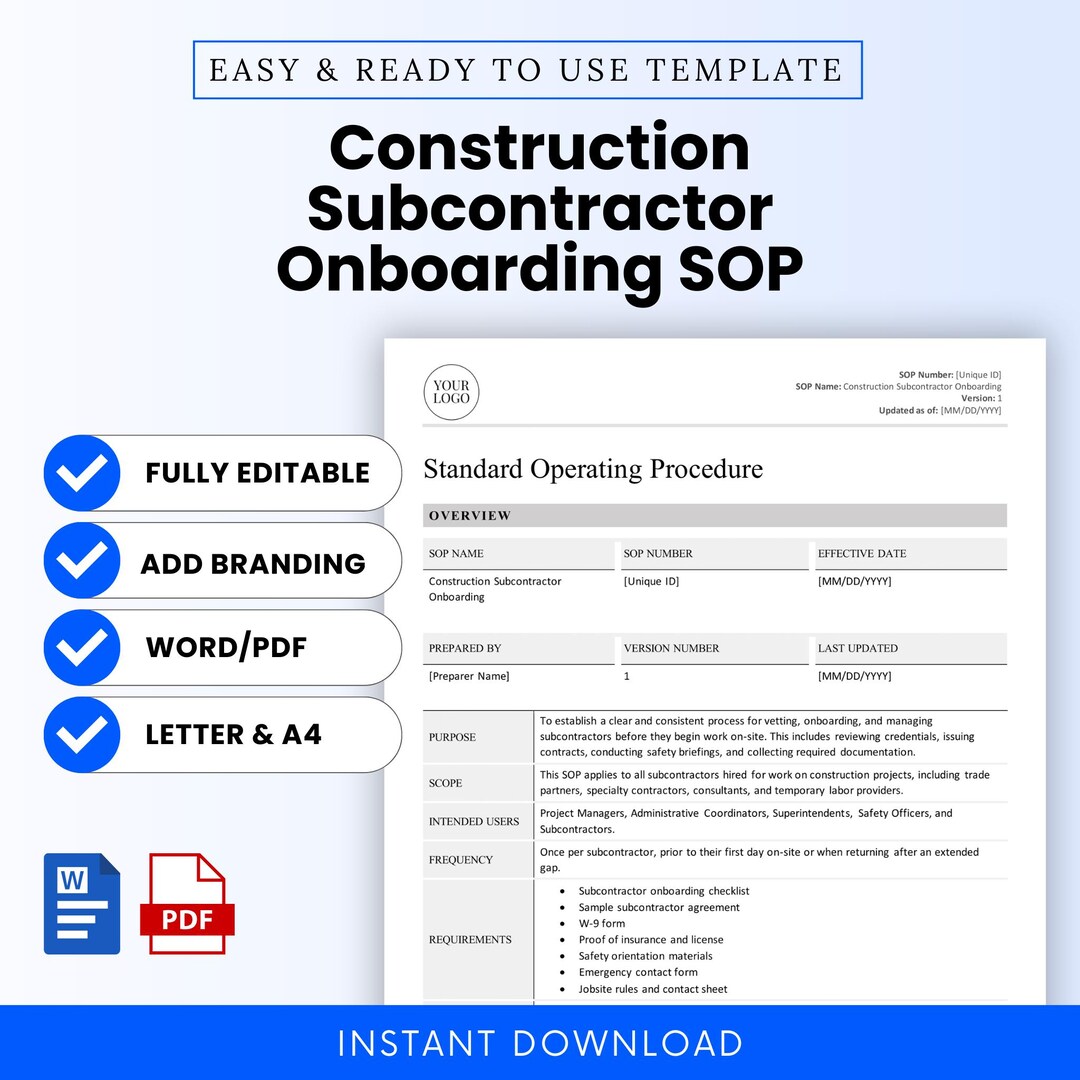 Construction Subcontractor Onboarding SOP Template – Word & PDF, A4 ...