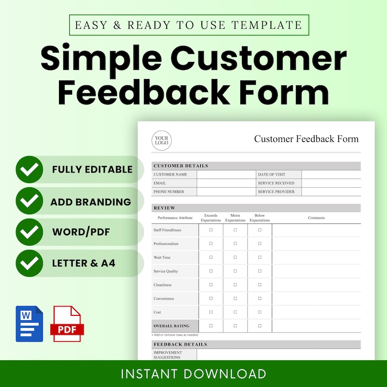 Simple Customer Feedback Form Template (word, PDF) | Customer Survey ...