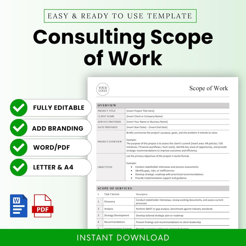 Consulting Scope of Work Template – Word & PDF, A4 + US Letter - Etsy