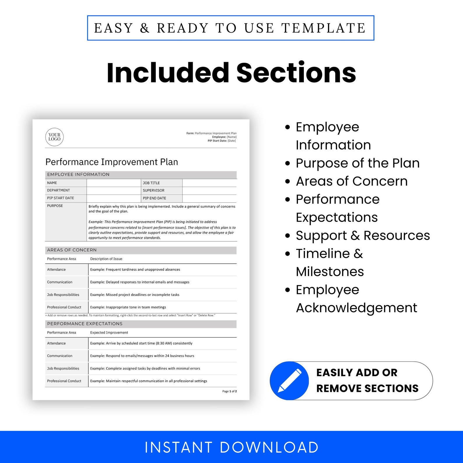 Performance Improvement Plan (MS Word, Pdf) | Simple HR Template Office ...