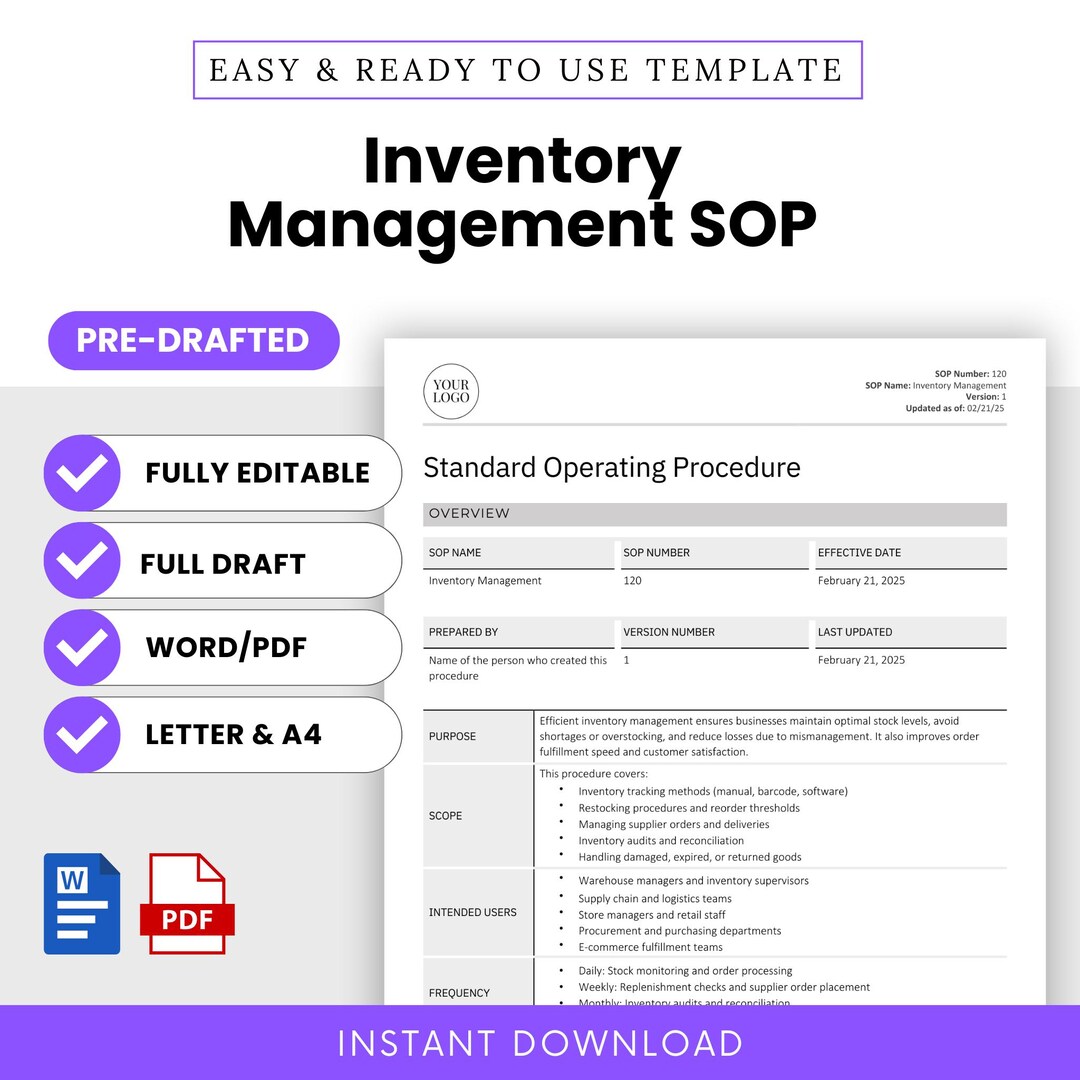 Inventory Management SOP Template (word, PDF) | Simple Standard ...