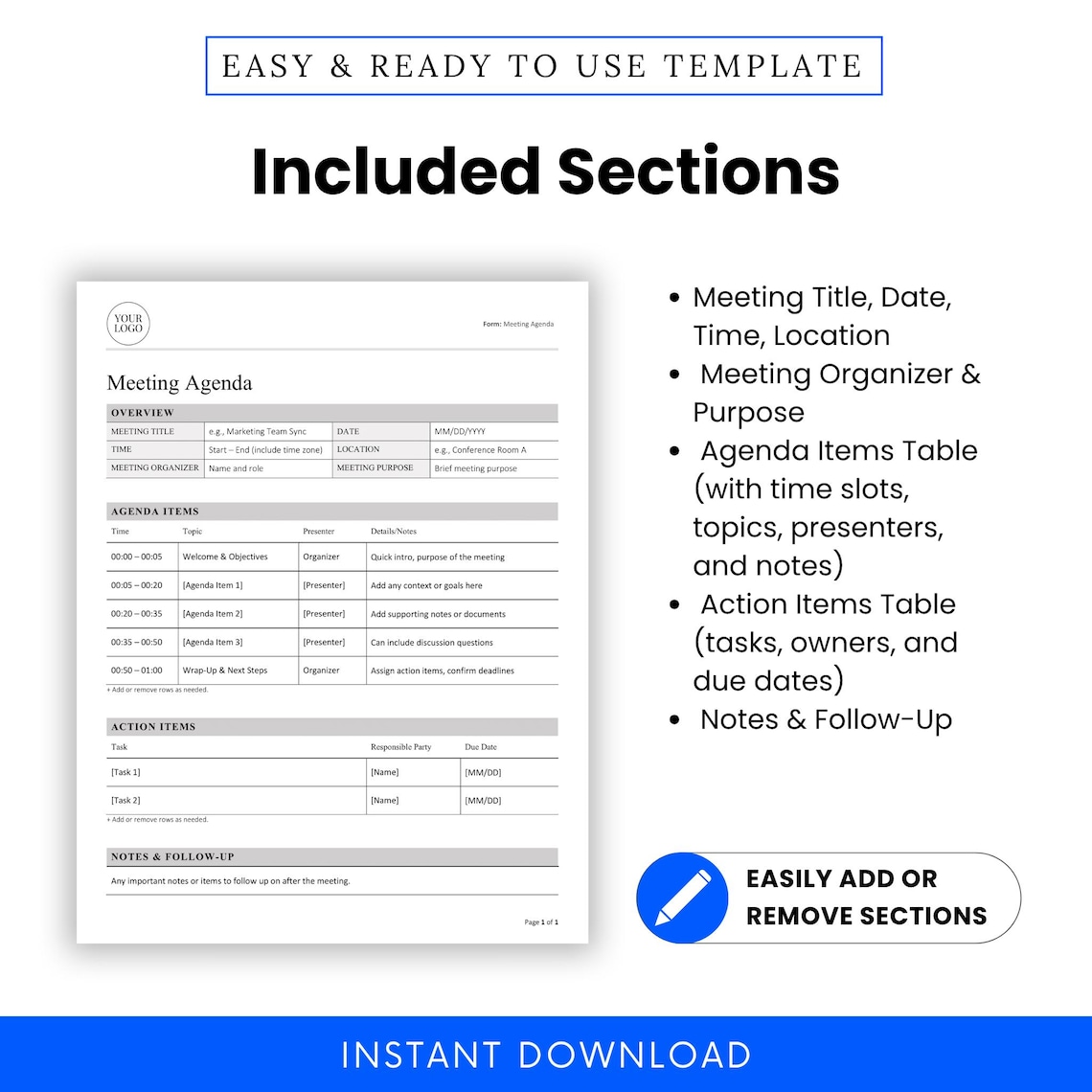 Meeting Agenda Template (word, PDF) | Simple Meeting Notes Agenda ...