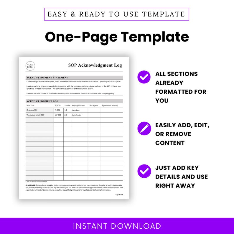 SOP Acknowledgment Log Template – Word & PDF, A4 + US Letter - Etsy