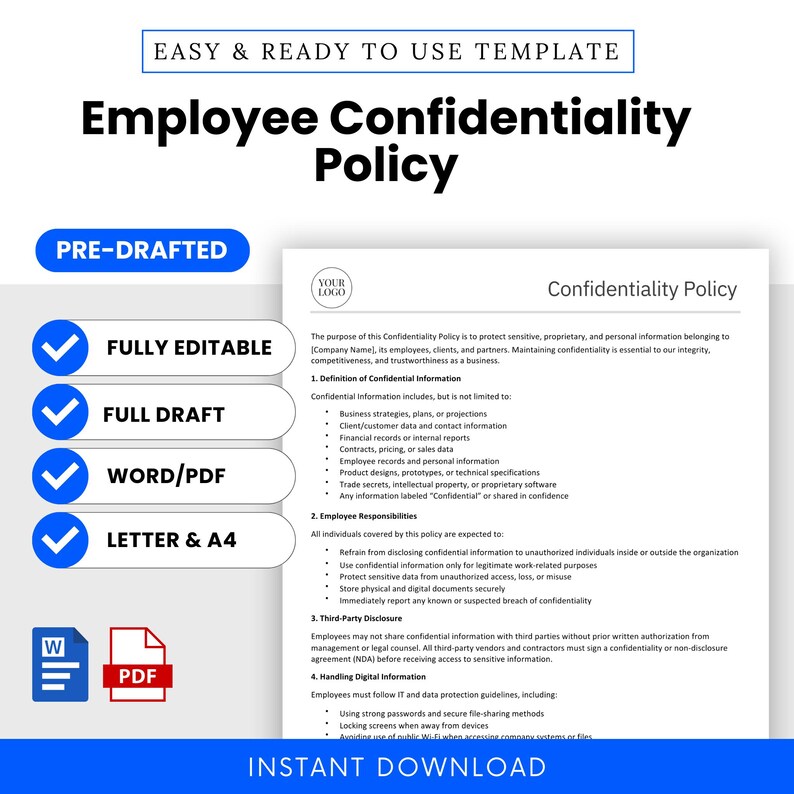 Employee Confidentiality Policy Template (word, PDF) | Simple Human Resources HR Template, Small ...
