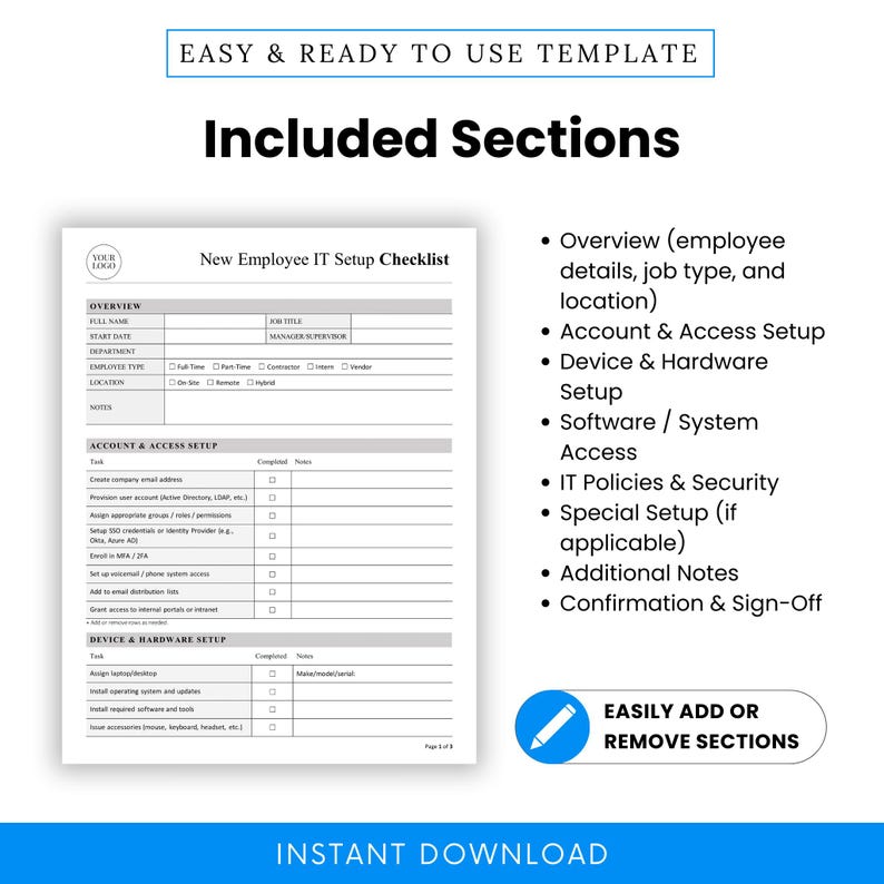 New Employee IT Setup Checklist Template – Word & PDF, A4 + US Letter ...