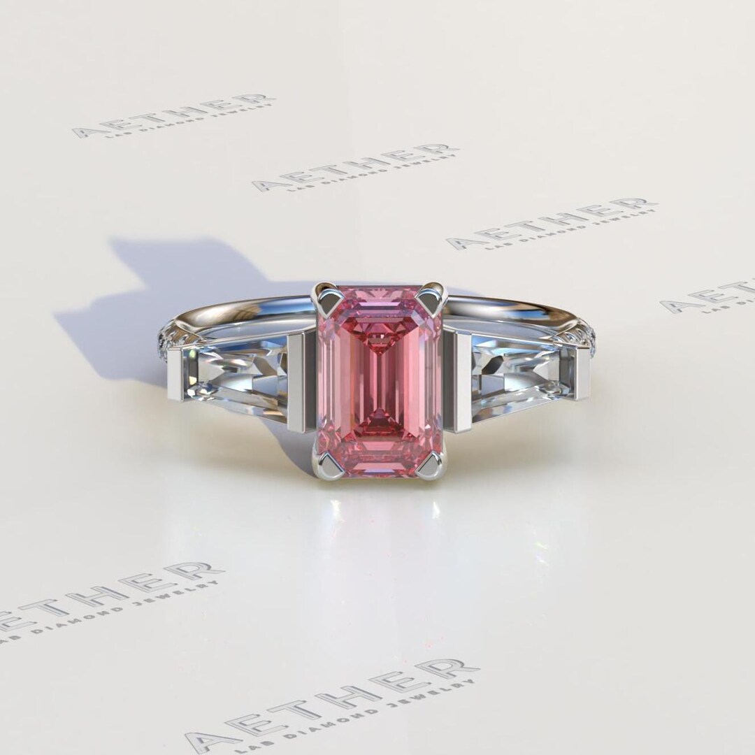 1.50 Carat Emerald Cut Diamond Ring, Pink Emerald Ring, Pink Lab ...