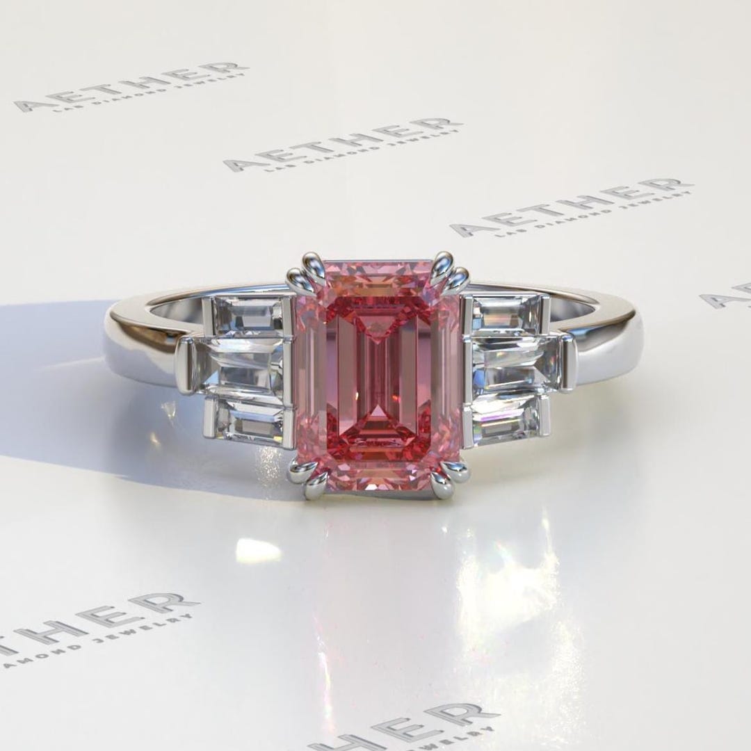 3 Carat Emerald Cut Pink Lab Diamond Engagement Ring, Baguette Accents ...
