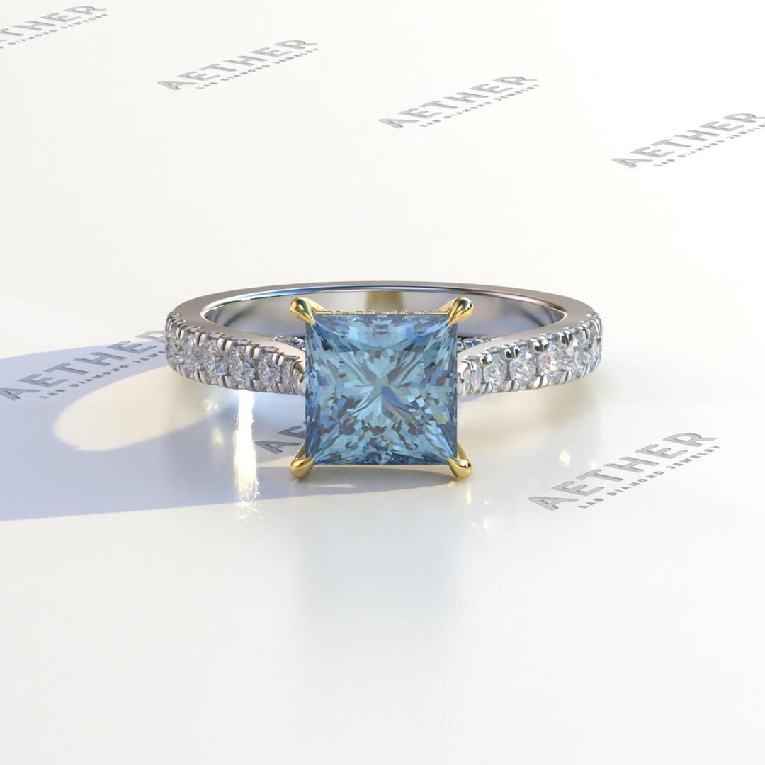 2 CT Aqua Blue Princess Cut Moissanite Diamond Ring - Unique Dual Tone ...
