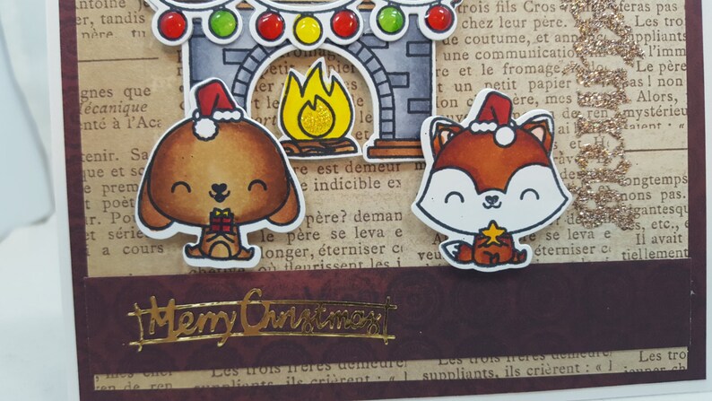 Christmas Fireplace Doggy Kitty Blank Notecard, Greetings Card ...