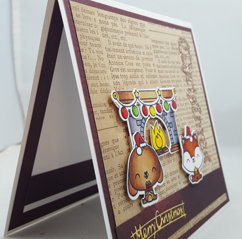 Christmas Fireplace Doggy Kitty Blank Notecard, Greetings Card ...