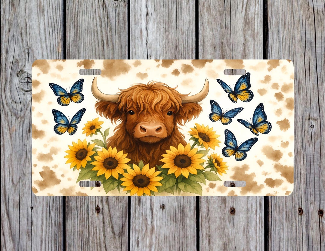 Sunflower License Plate, Highland Cow Car License Plate, Shaggy Cow ...