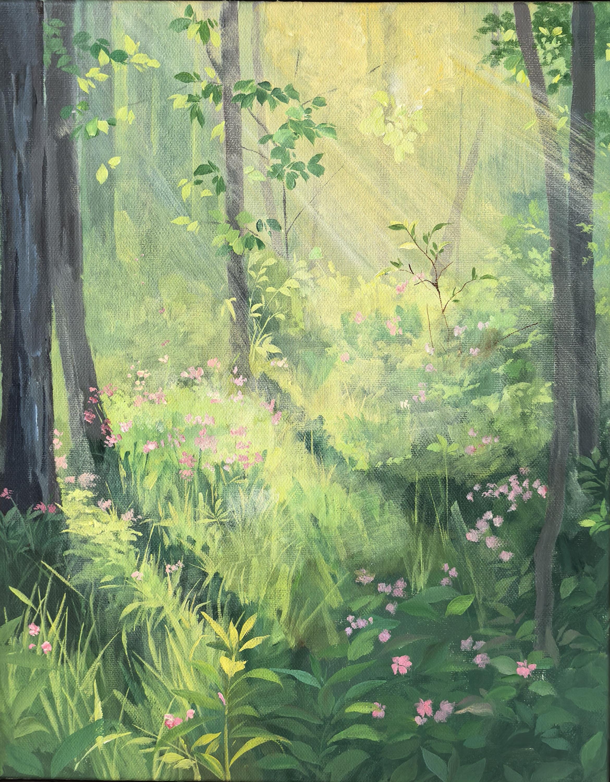 Hand Painted Forest Art, Green Nature Wall Decor, Tranquil Forest Scene ...