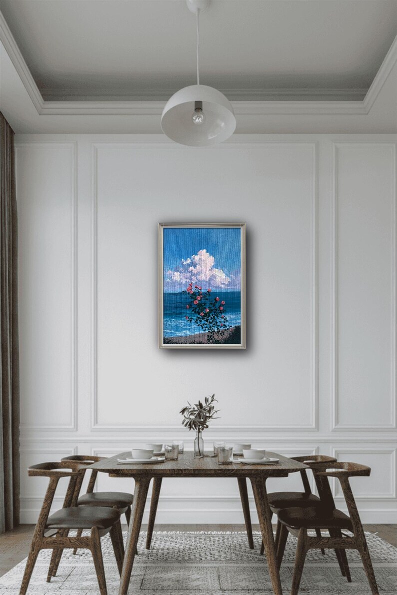 Pink Rose Beach Painting, Ocean Wave and Floral Canvas Art, Coastal ...