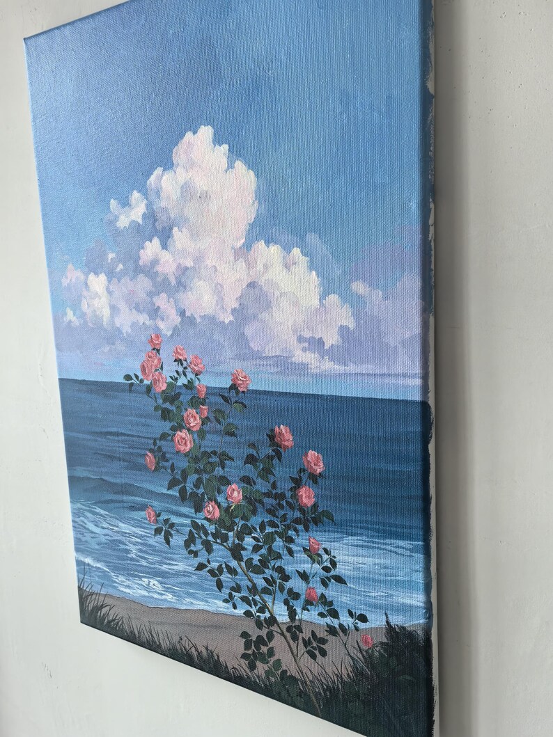 Pink Rose Beach Painting, Ocean Wave and Floral Canvas Art, Coastal ...