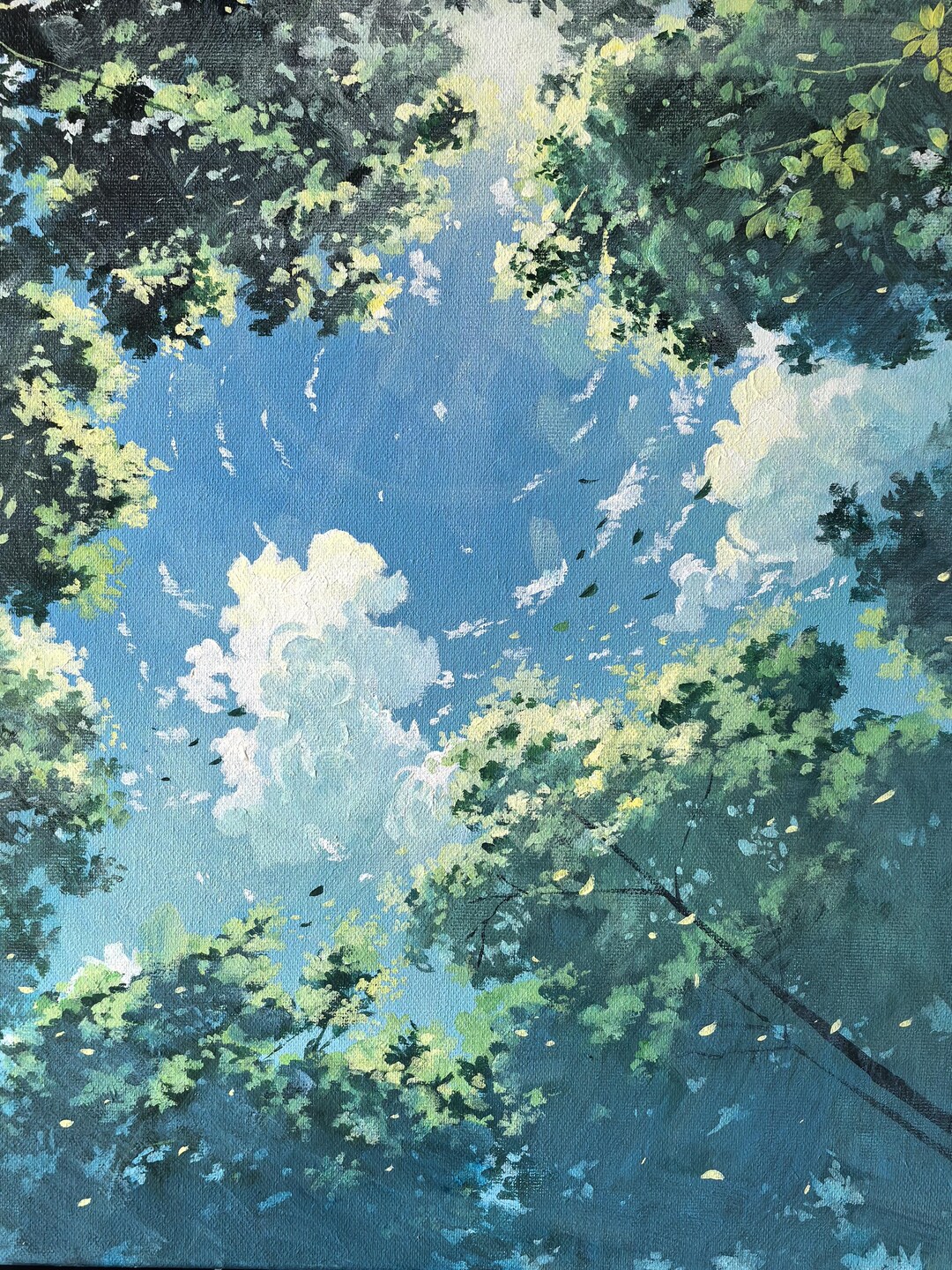 Looking up Forest Canopy Painting, Blue Sky and Trees Canvas Art ...