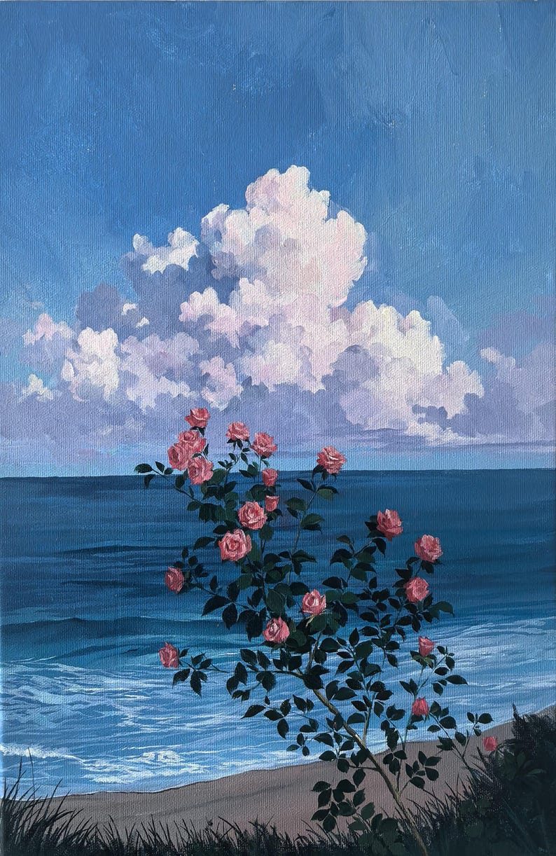 Pink Rose Beach Painting, Ocean Wave and Floral Canvas Art, Coastal ...