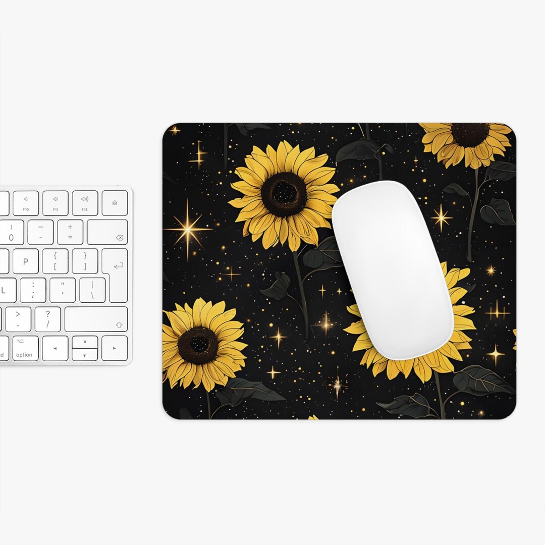 Sunflower Night Sky Mouse Pad | Yellow Sunflowers on Black Starry ...