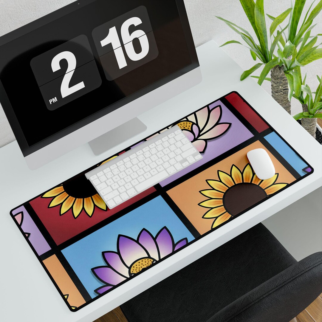 Sunflower and Lotus Grid Desk Mat | Colorful Floral Mouse Pad - Etsy