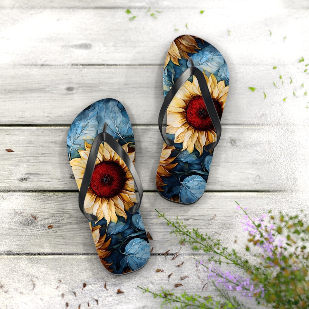 Sunflower Flip Flops, Floral Beach Sandals, Polyester Suede - Etsy
