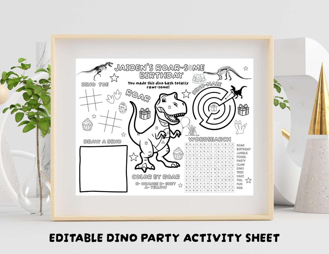 Editable Dinosaur Birthday Party Activity Sheet Coloring Page Printable ...