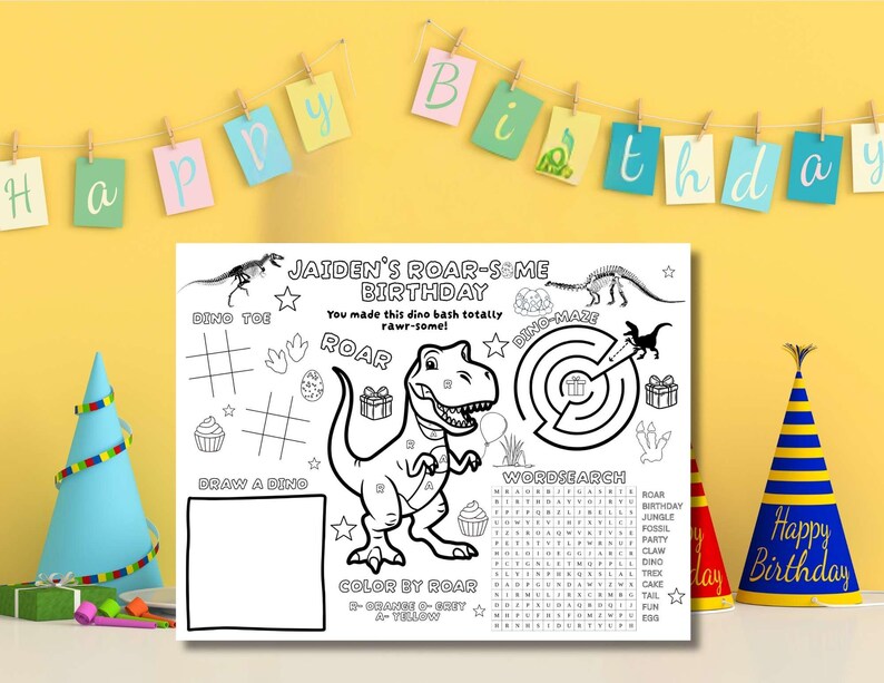 Editable Dinosaur Birthday Party Activity Sheet Coloring Page Printable ...