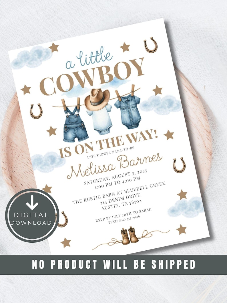 Little Cowboy Baby Shower Invitation, Blue Jean Baby, Western Baby Shower Theme, Rustic Denim ...