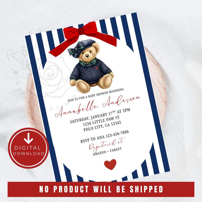 Polo Teddy Bear Baby Shower Invitation | Girls Plaid Theme Invite ...