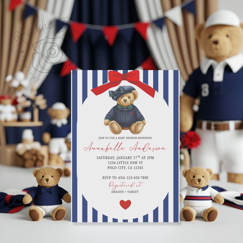 Polo Teddy Bear Baby Shower Invitation | Girls Plaid Theme Invite ...