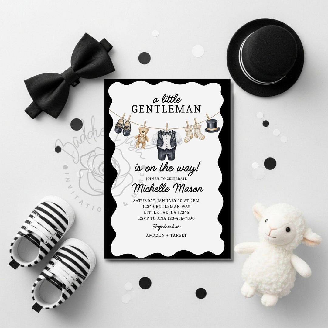 Little Gentleman Baby Shower Invitation, Black and White Theme, Classic ...